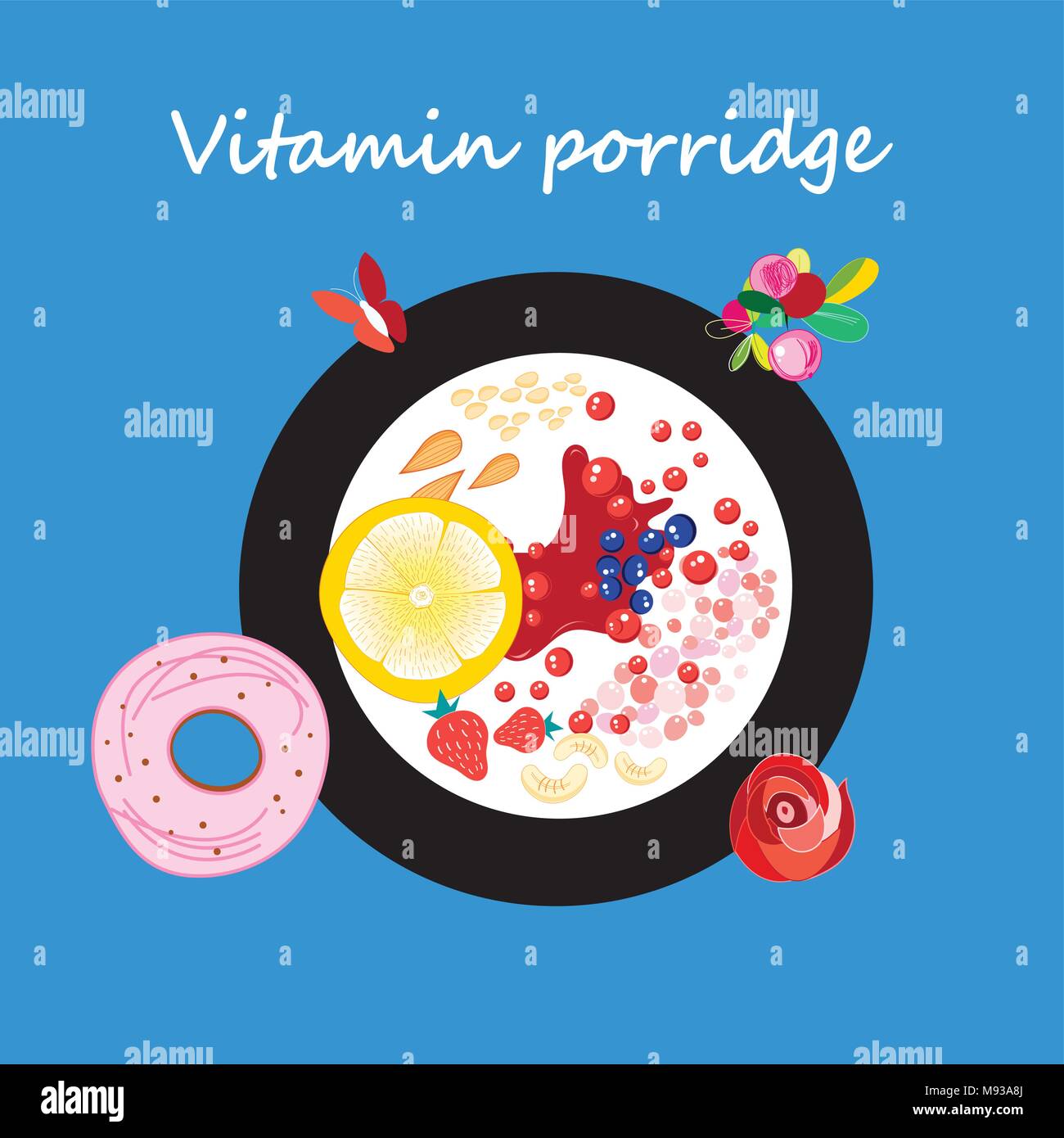 Vector illustration of a plate of useful porridge and berries. Template ...
