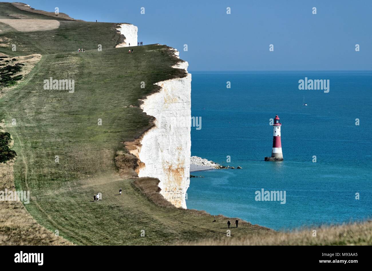 Beachy Head lighthouse and chalk cliffs on a summers day, South Downs ...