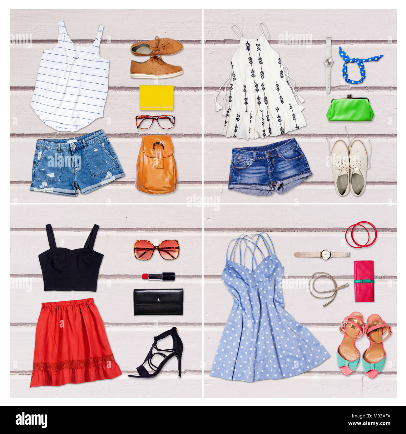 Overhead of clothes and woman accessories. Outfit of casual and modern ...