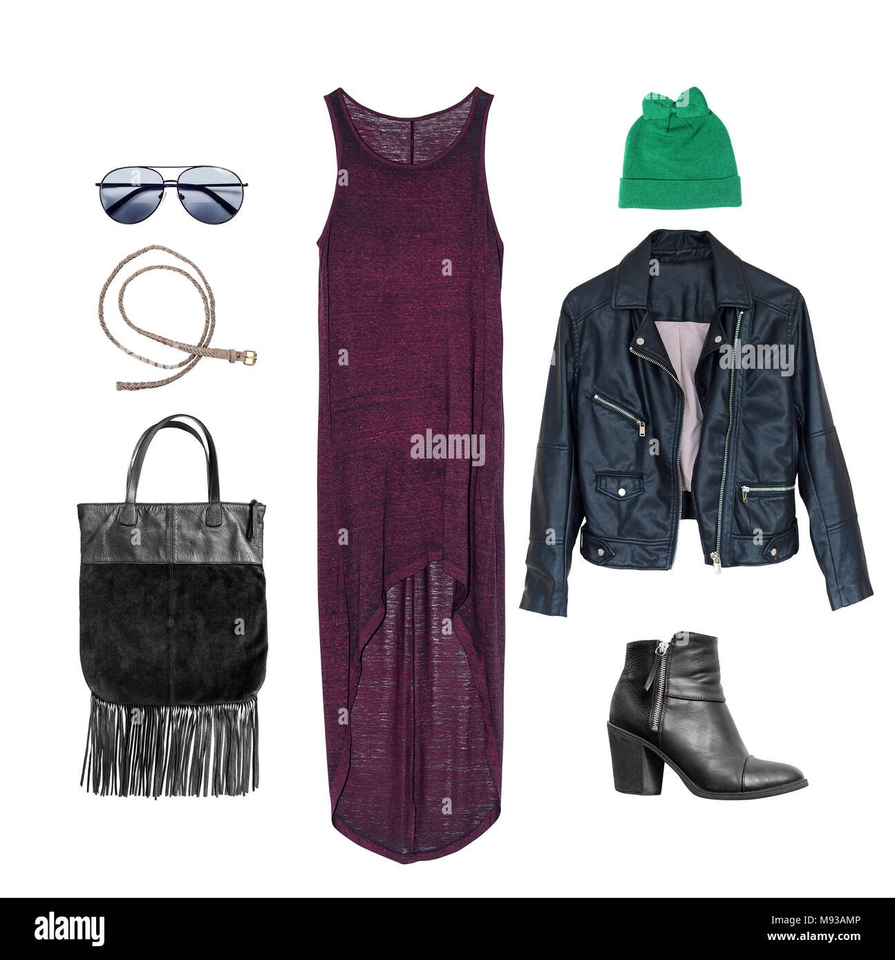 Still life of urban clothing and accessories for woman on isolated ...