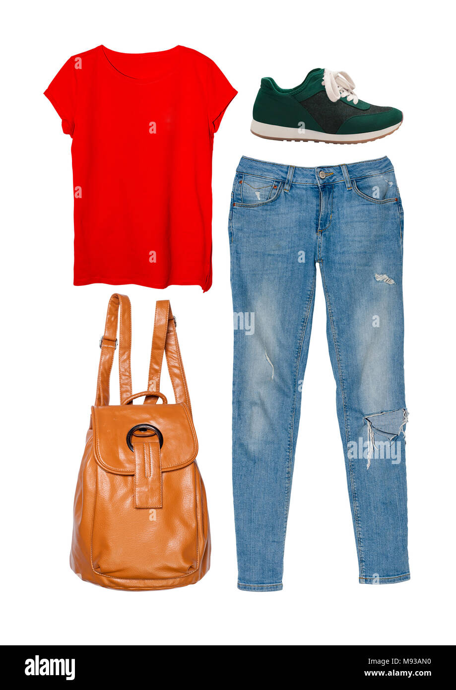 Still life of casual clothing and accessories for woman on isolated ...