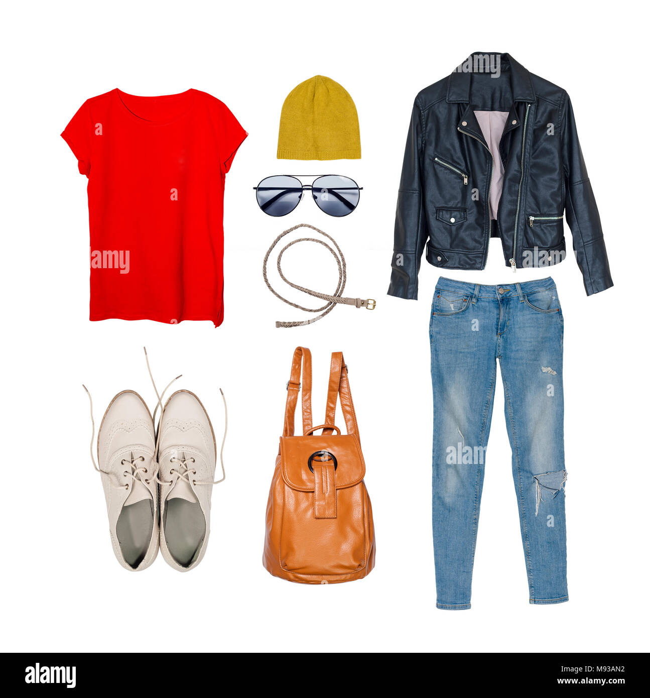 Still life of casual clothing and accessories for woman on isolated ...
