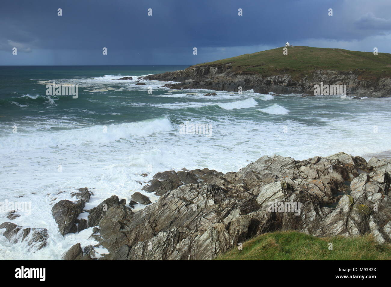 Early spring view across Little Fistral to Towan head, Newquay, North ...
