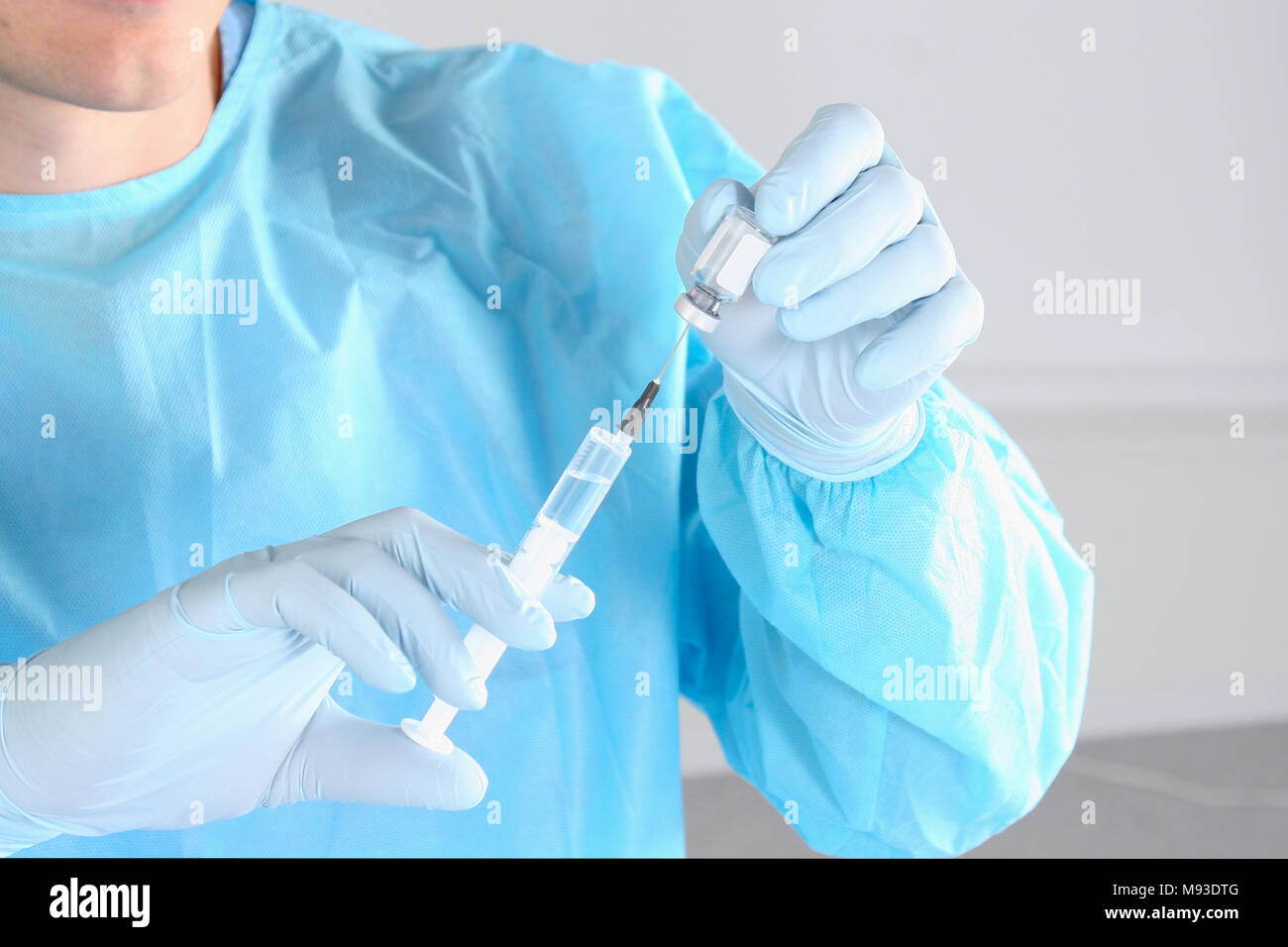 Syringe, medical injection in hand, palm or fingers. Medicine plastic ...