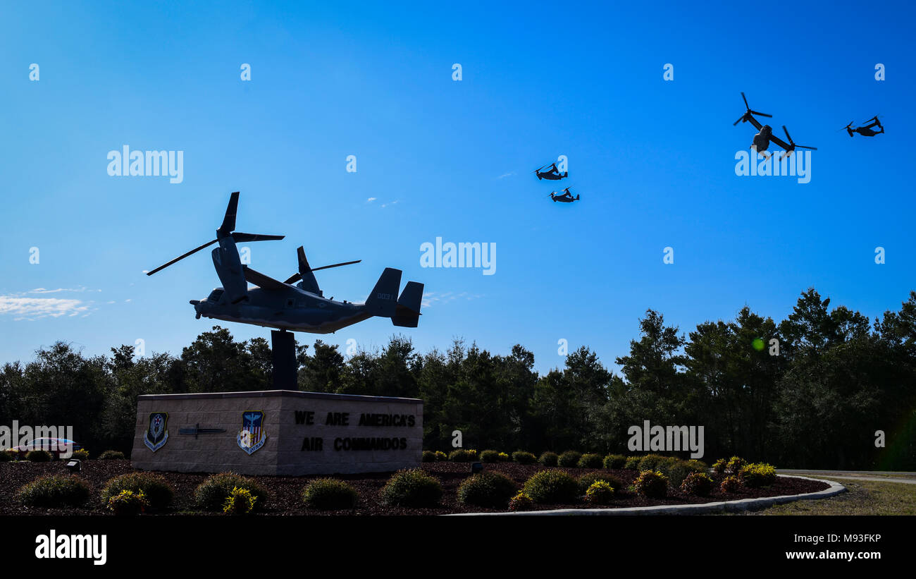 A CV-22 Osprey formation flies over the Voas-Lackey traffic circle ...