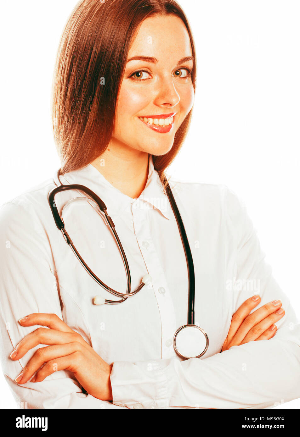 young pretty woman doctor with stethoscope on white background Stock ...