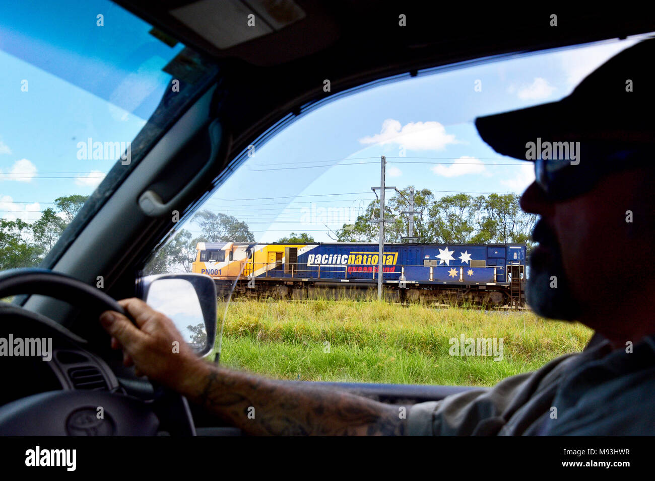 ROAD SIDE VIEW OF COAL TRAIN FROM INSIDE CAR Stock Photo - Alamy