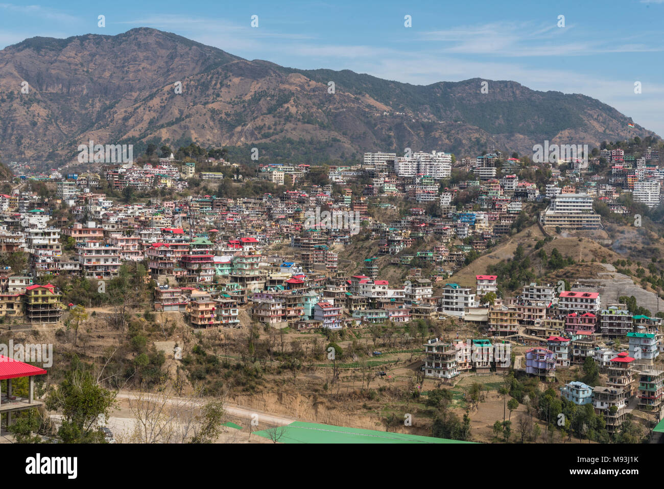 Scenic beautiful mountain landscape valley and town nature with blue ...