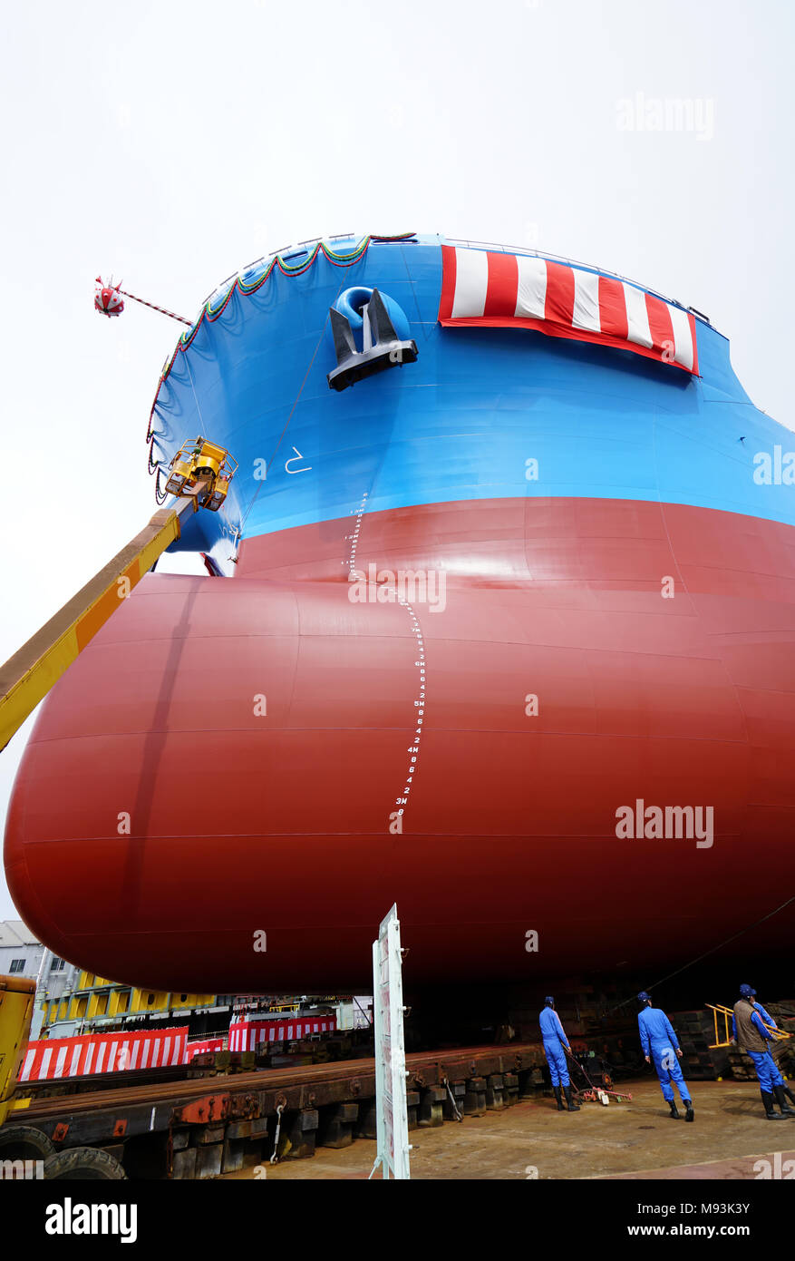Newly built vessel during launching of the shipyard in Japan Stock ...