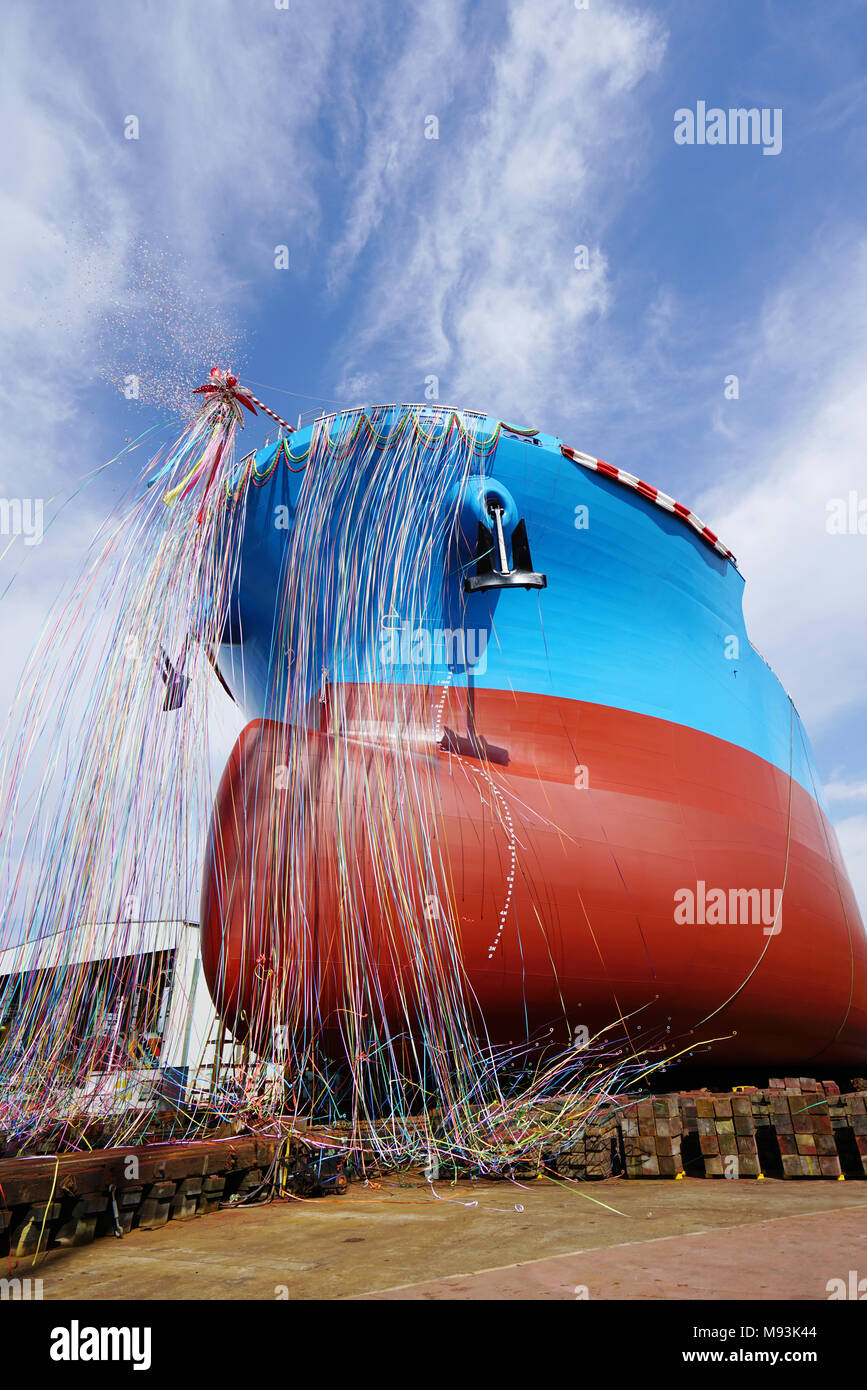 Newly built vessel during launching of the shipyard in Japan Stock ...