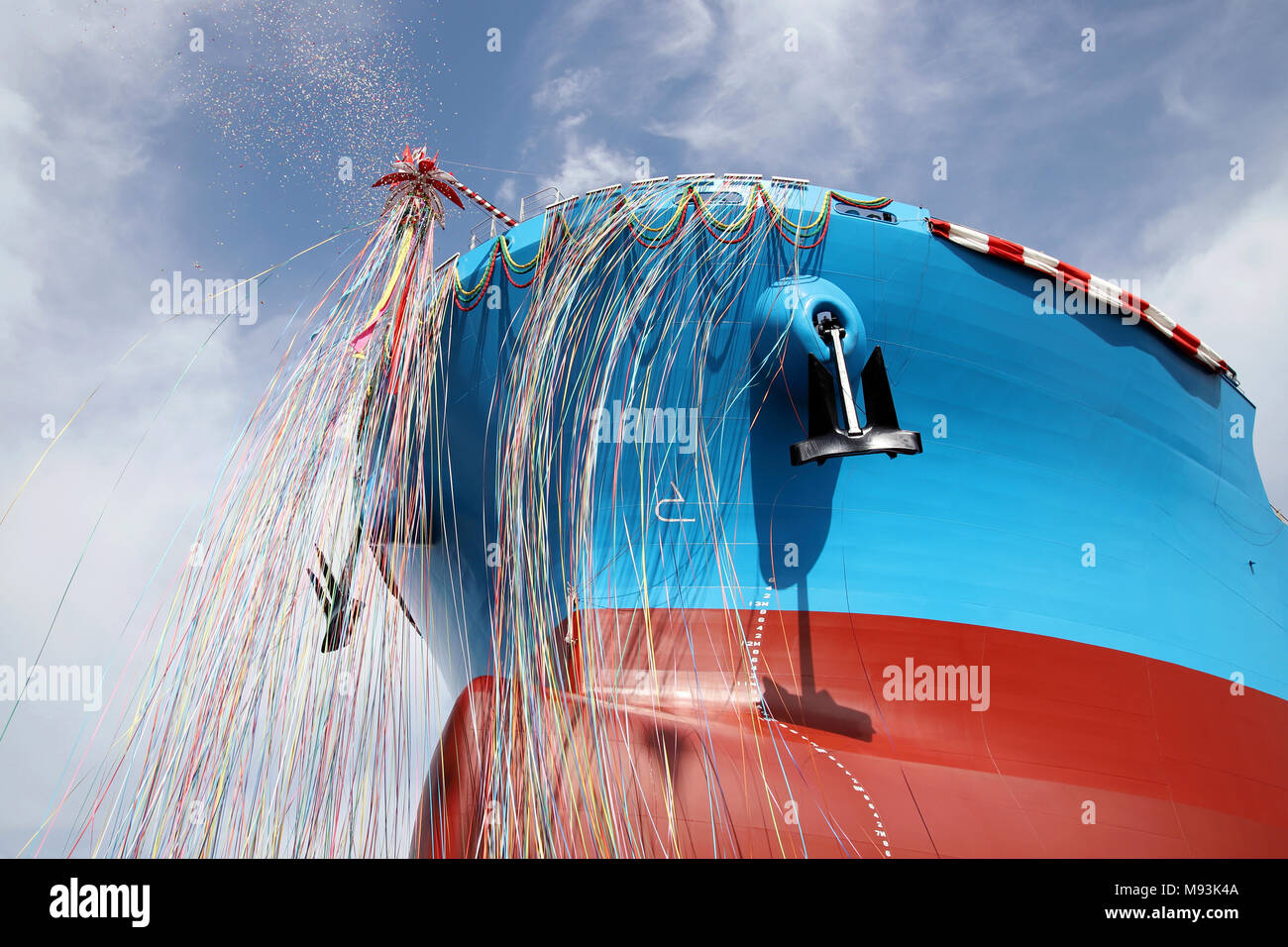 Newly built vessel during launching of the shipyard in Japan Stock ...