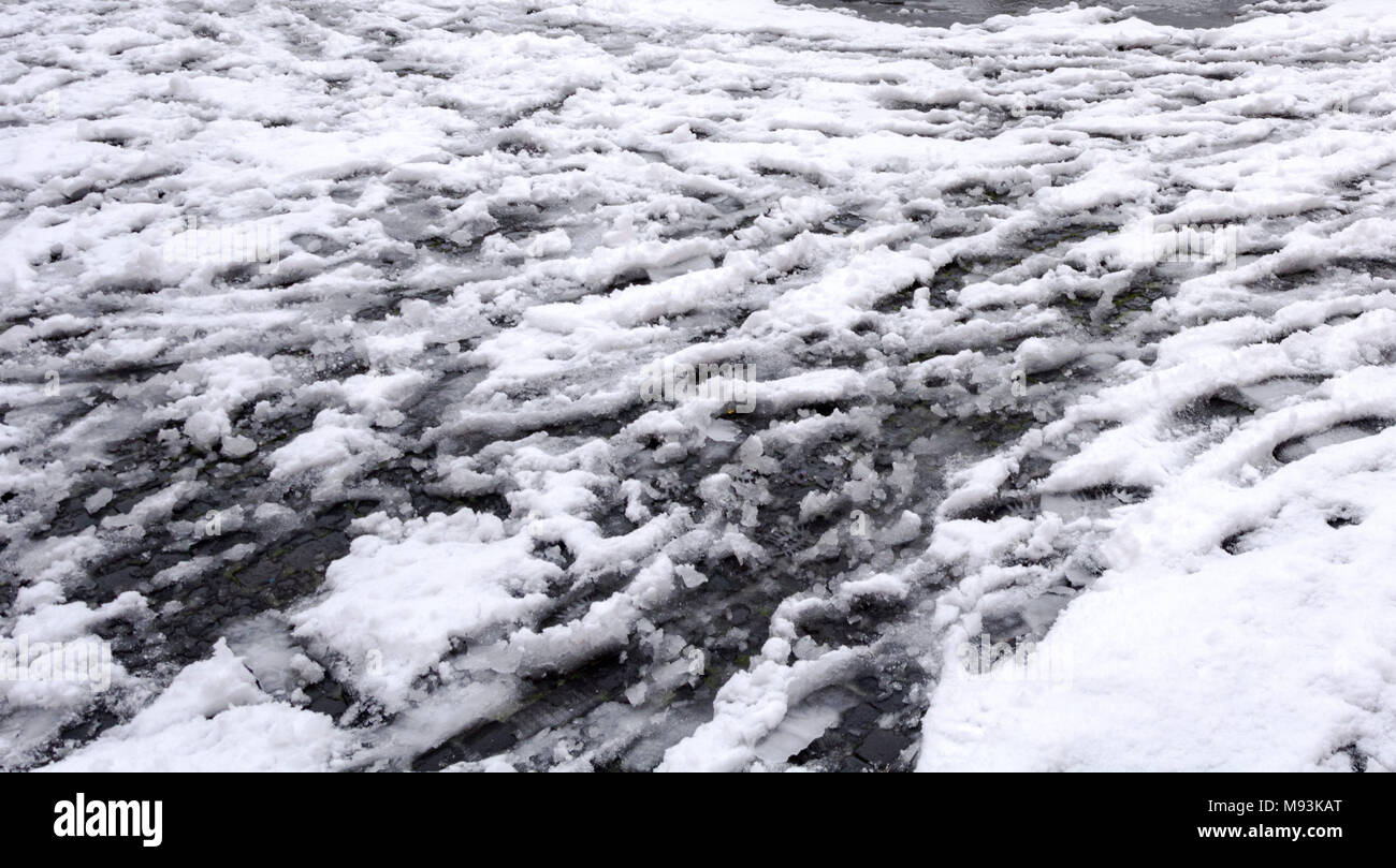 melted snow with footprints. Seasonal concept Stock Photo - Alamy