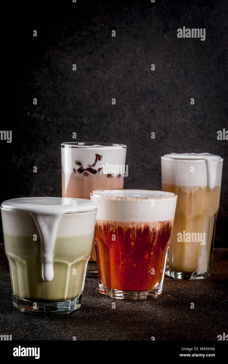 Trendy food and drinks, assortment 4 kinds of Cheese Tea with whipped ...