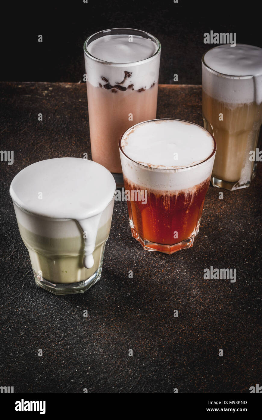 Trendy food and drinks, assortment 4 kinds of Cheese Tea with whipped ...