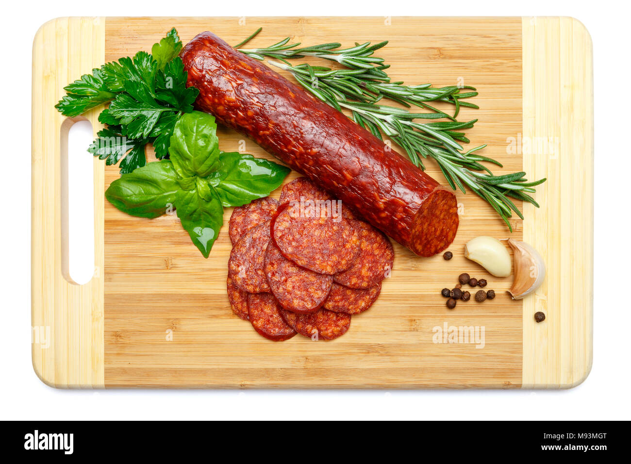 Italian Salami or spanish chorizo on wooden cutting board Stock Photo ...