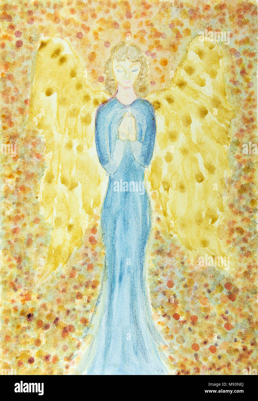 Female angel with a blue dress praying. The dabbing technique gives a ...
