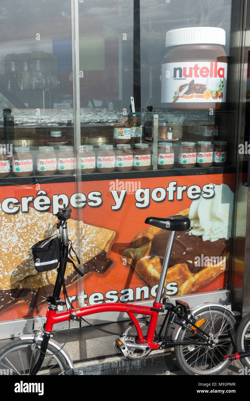 Giant Nutella jar in a crepe shop window, with a bike leaning, Benidorm ...