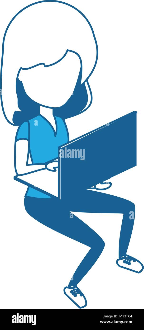 avatar woman sitting and using a laptop computer over white background ...