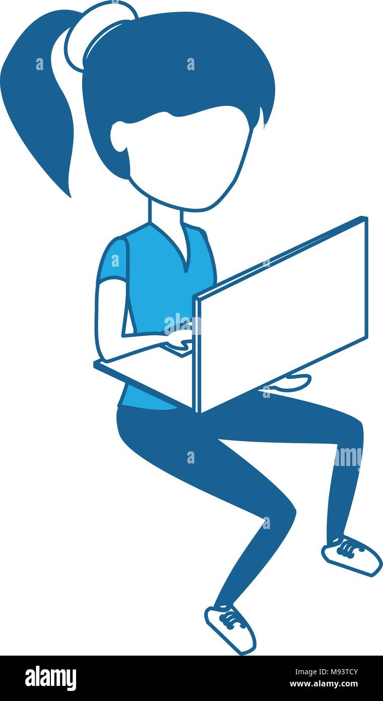 avatar woman sitting and using a laptop computer over white background ...