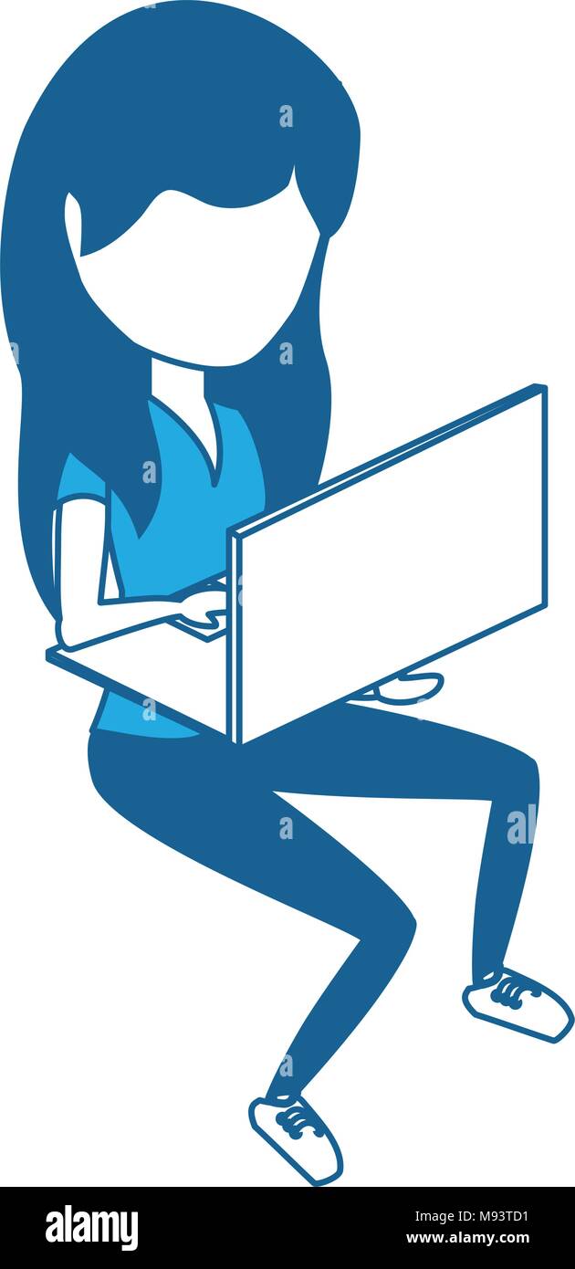 avatar woman sitting and using a laptop computer over white background ...