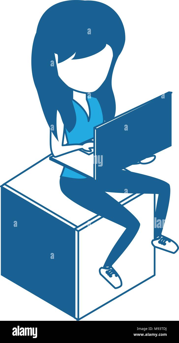avatar woman sitting on a cube seat and using a laptop computer over ...
