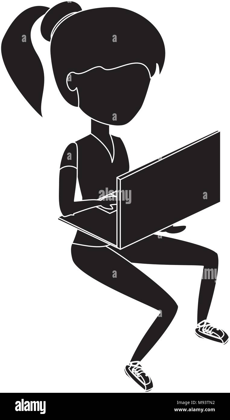 avatar woman sitting and using a laptop computer over white background ...