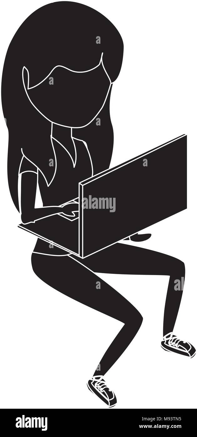 avatar woman sitting and using a laptop computer over white background ...
