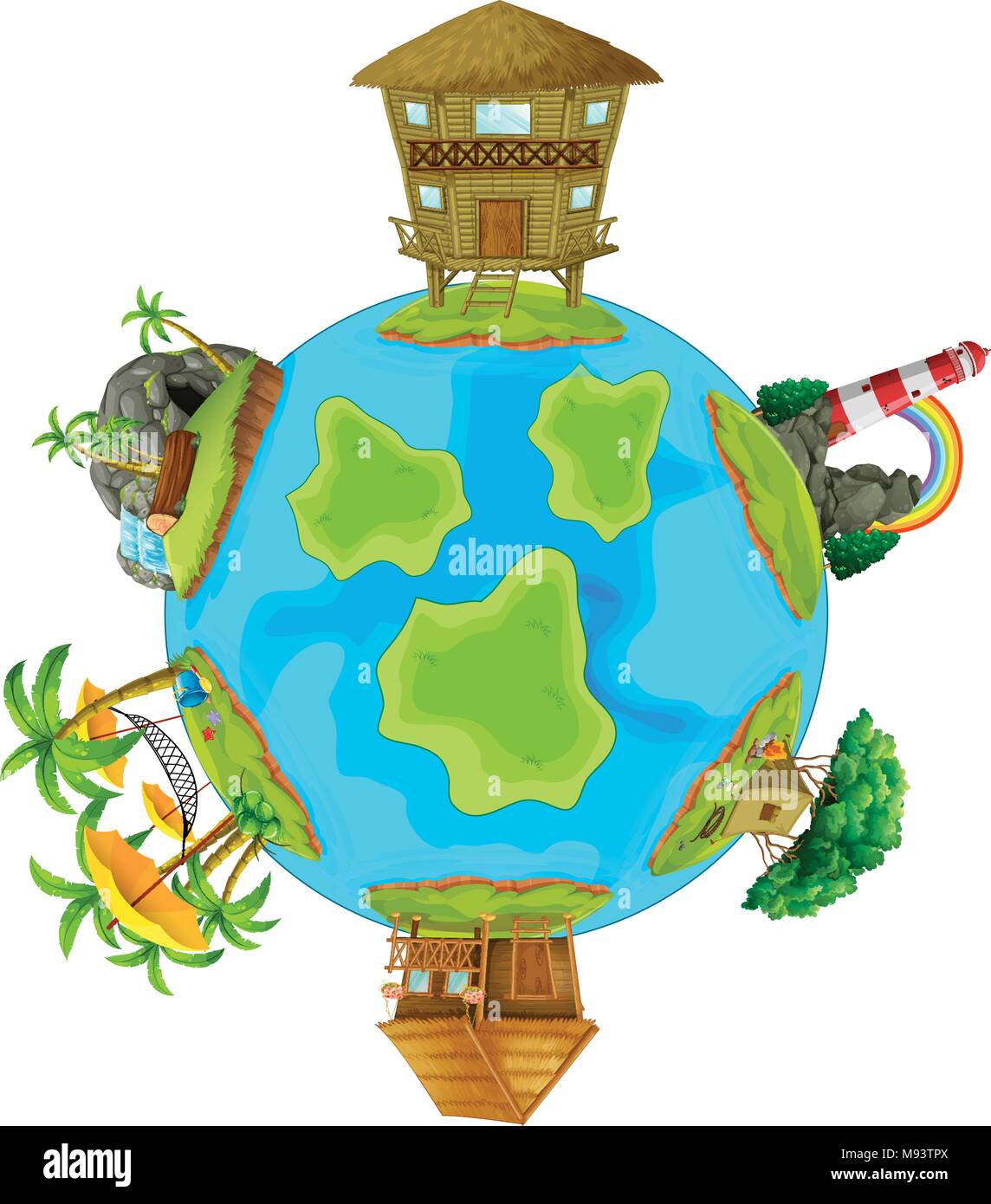 Different buildings on island around the earth illustration Stock ...