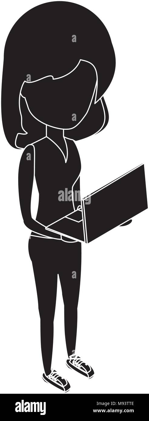avatar woman standing and using a laptop computer over white background ...