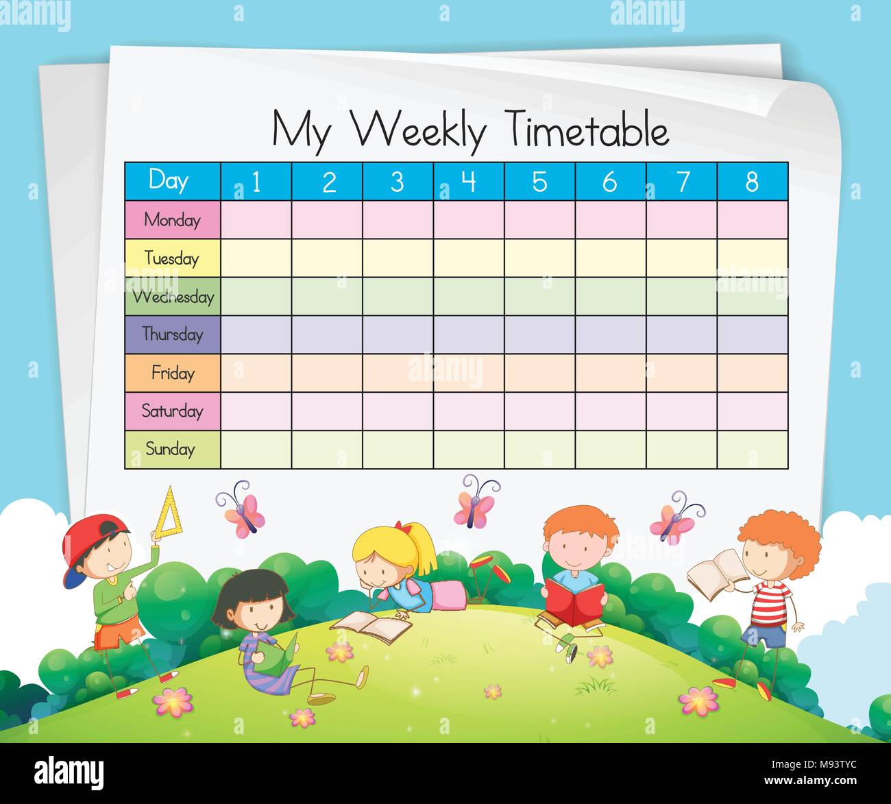 Weekly timetable template with kids playing in park illustration Stock ...