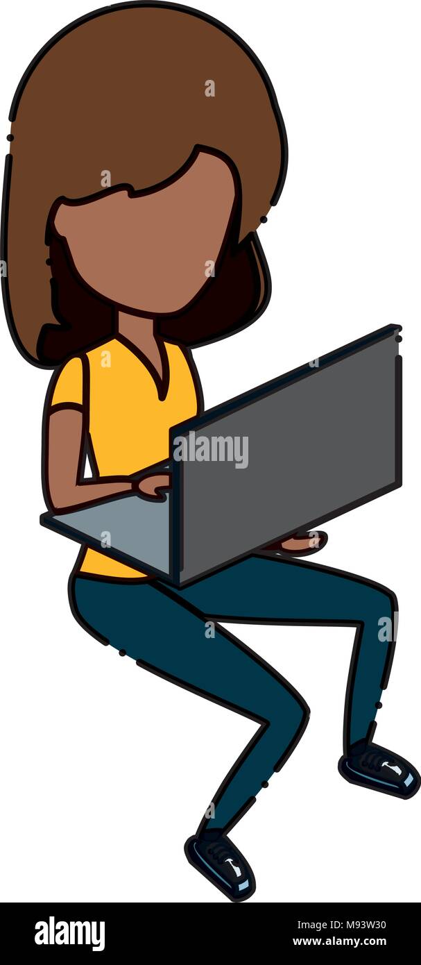 avatar woman sitting and using a laptop computer over white background ...