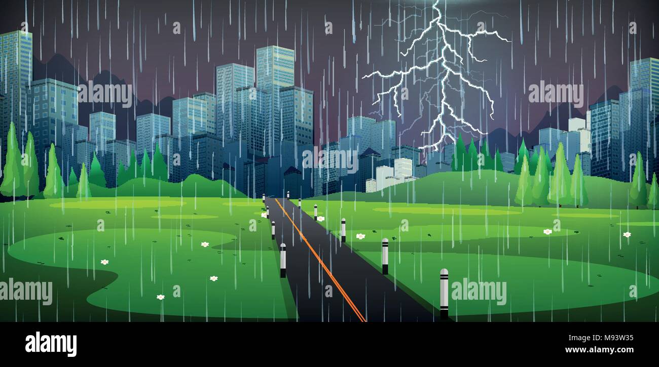 City scene on thunderstorm night illustration Stock Vector Image & Art ...
