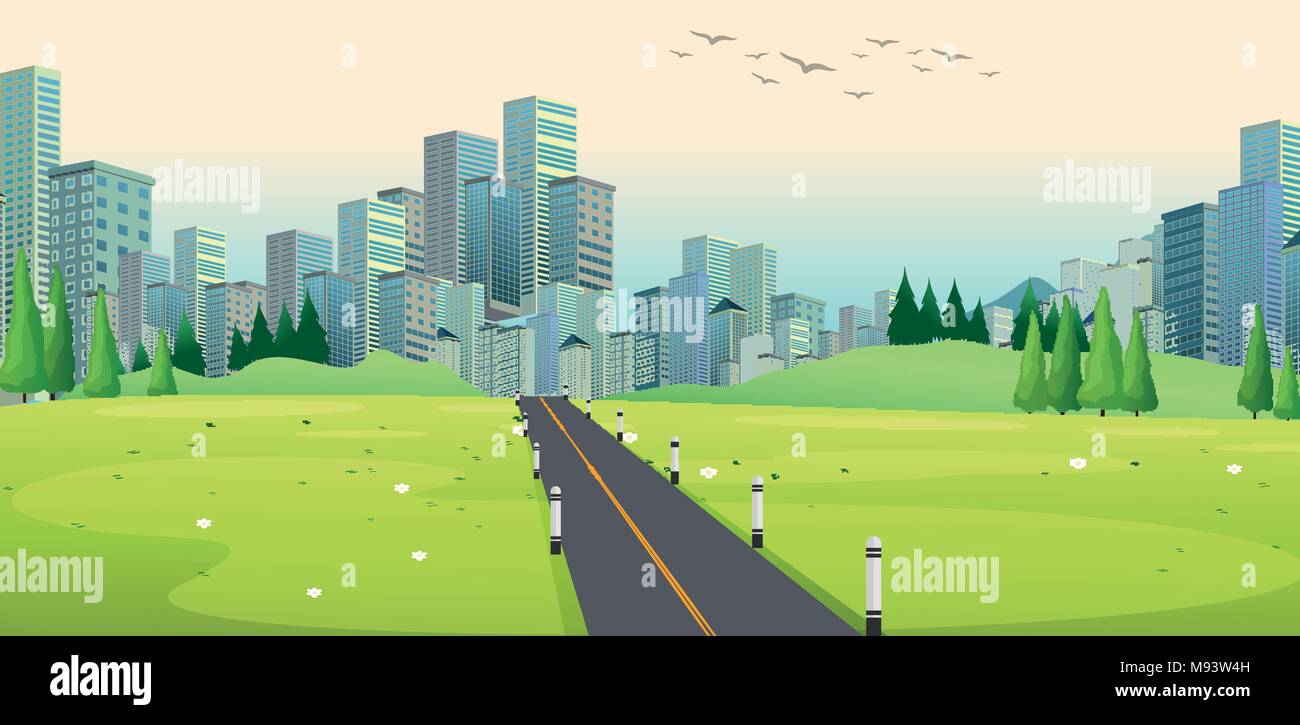 Background scene with road to city illustration Stock Vector Image ...