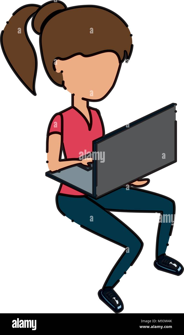 avatar woman sitting and using a laptop computer over white background ...