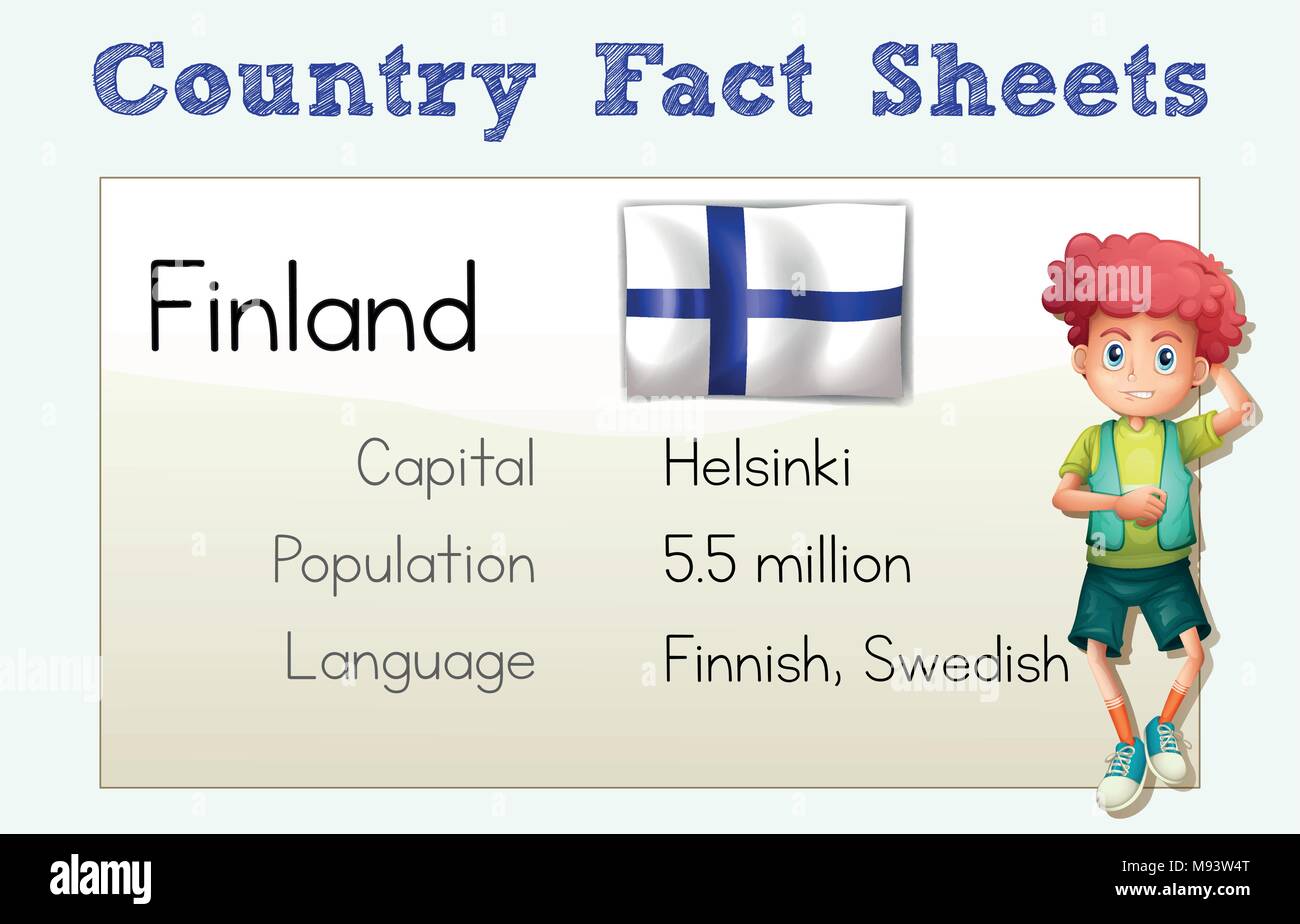 Finland country fact sheet with boy and flag illustration Stock Vector ...