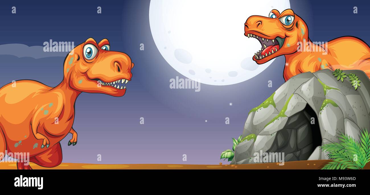 Two T-Rex by the cave at night illustration Stock Vector Image & Art ...