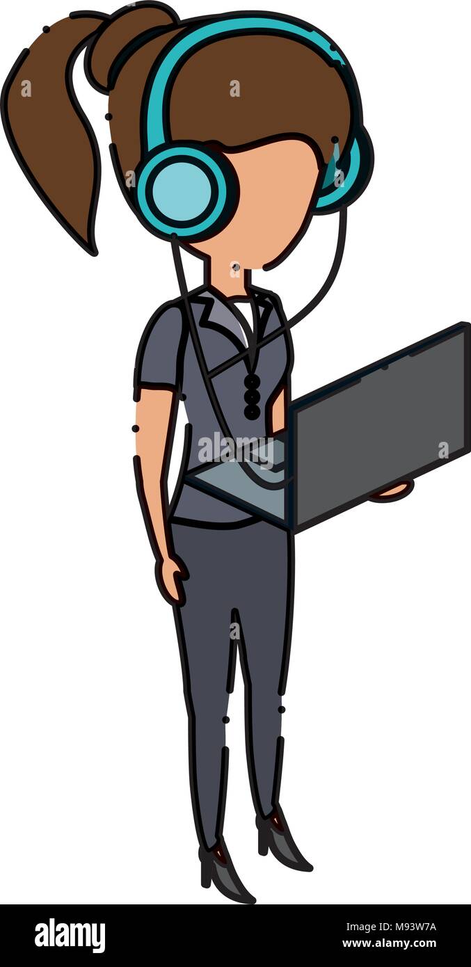 avatar woman standing and using a laptop computer and headphones over ...