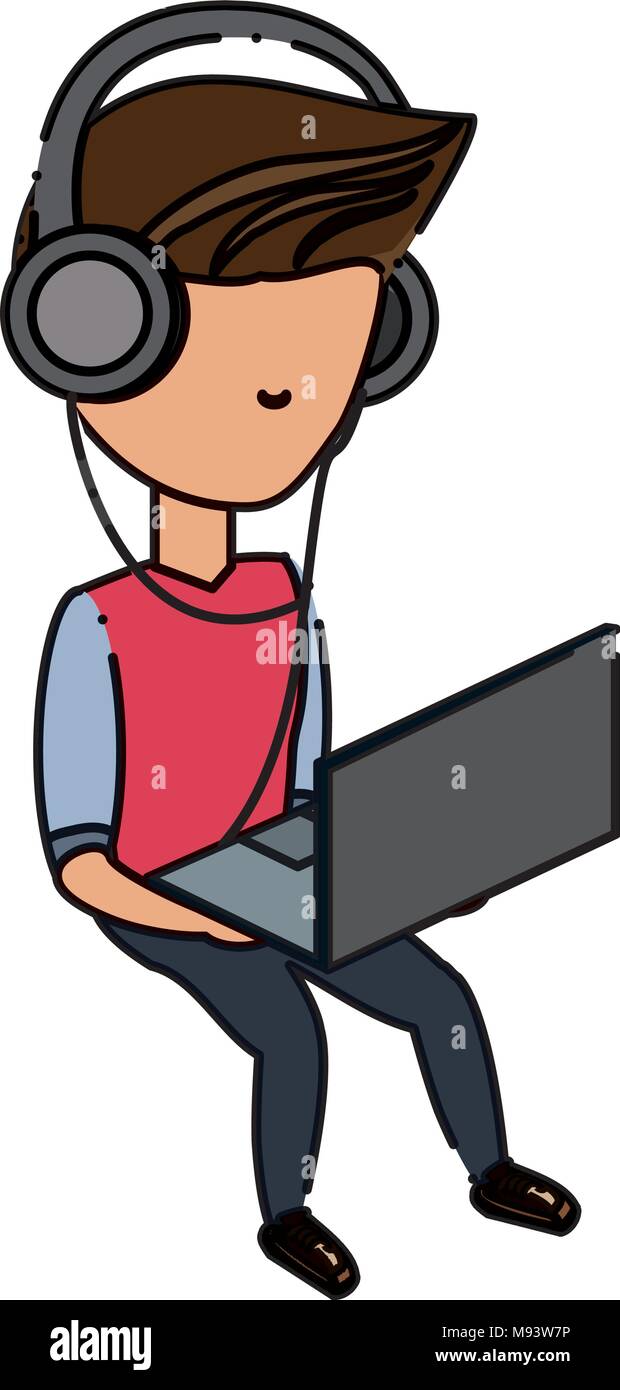 avatar young man sitting and using a laptop computer and headphones ...