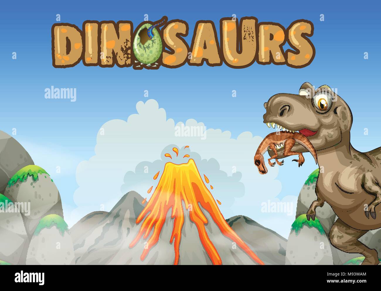Background scene with dinosaur eating meat illustration Stock Vector ...