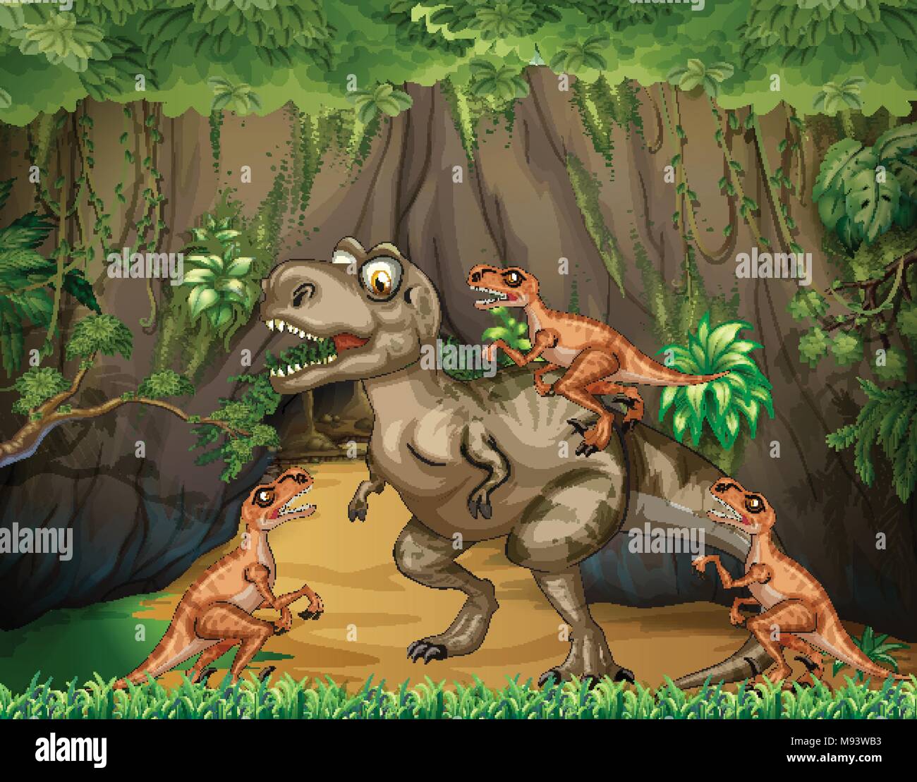 T-Rex fighting raptors in forest illustration Stock Vector Image & Art ...