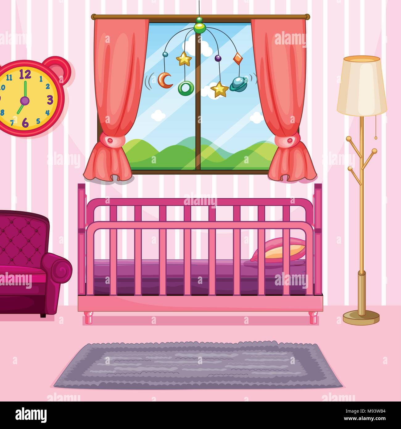 Bedroom scene with pink bed illustration Stock Vector Image & Art - Alamy