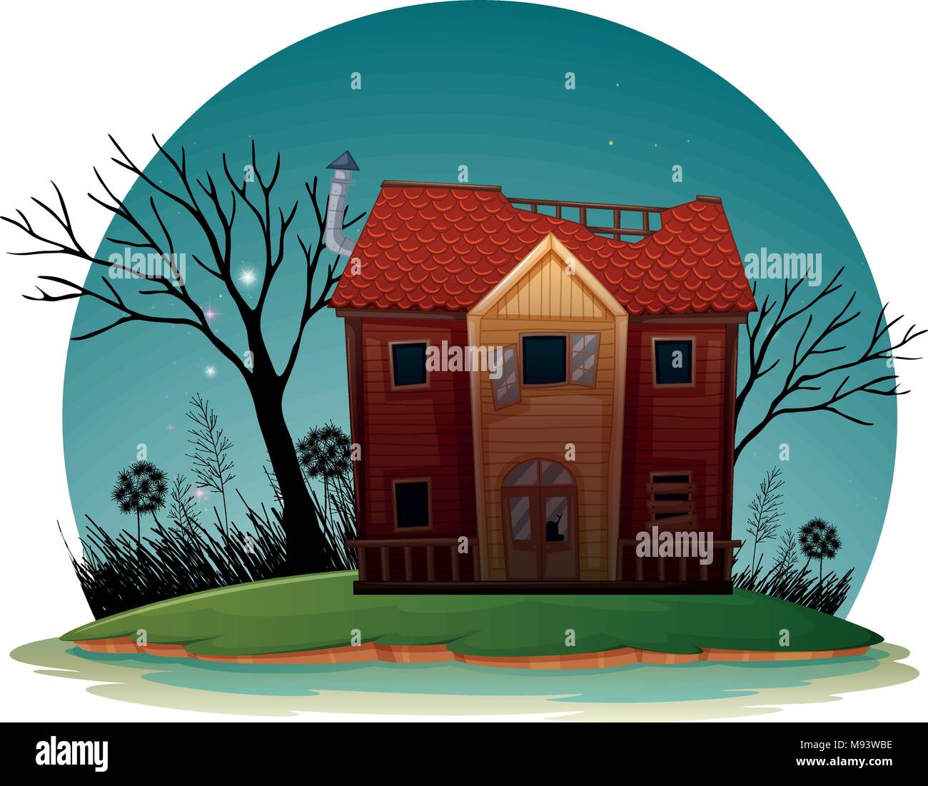 Old house with broken windows at night illustration Stock Vector Image ...
