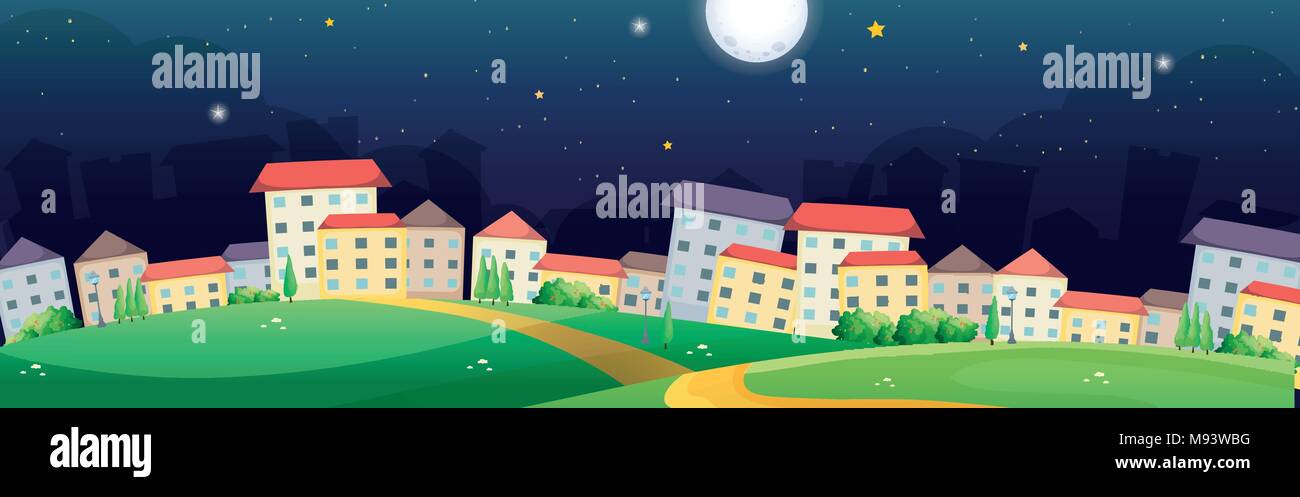 Village scene at night time illustration Stock Vector Image & Art - Alamy