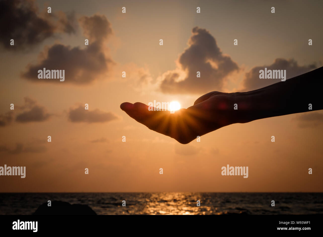 Silhouette Hands catching the falling sun during sunset Stock Photo - Alamy