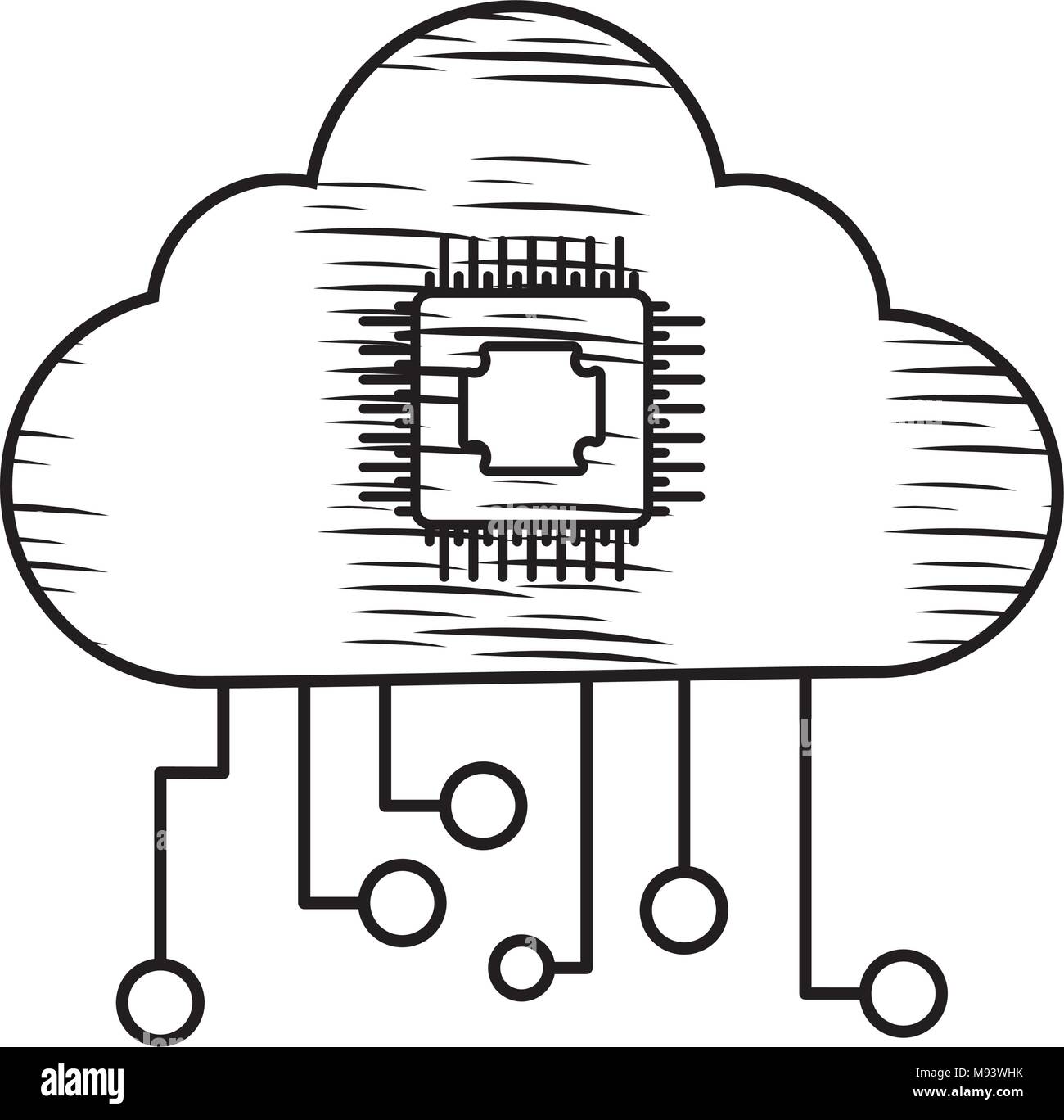 sketch of cloud storage with computer chip icon over white background ...