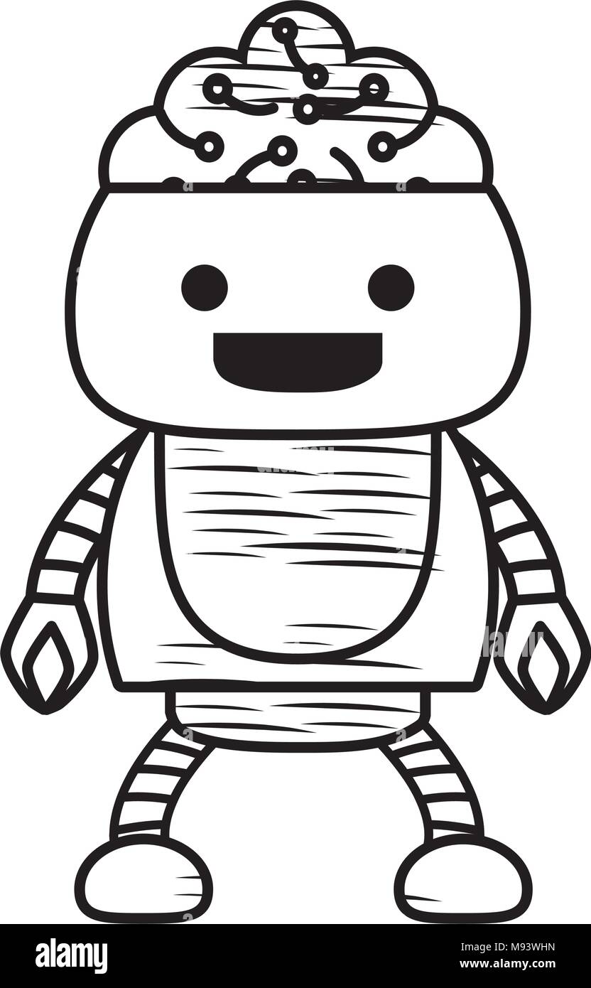 Sketch Of Cartoon Robot Showing The Brain Over White Background Vector