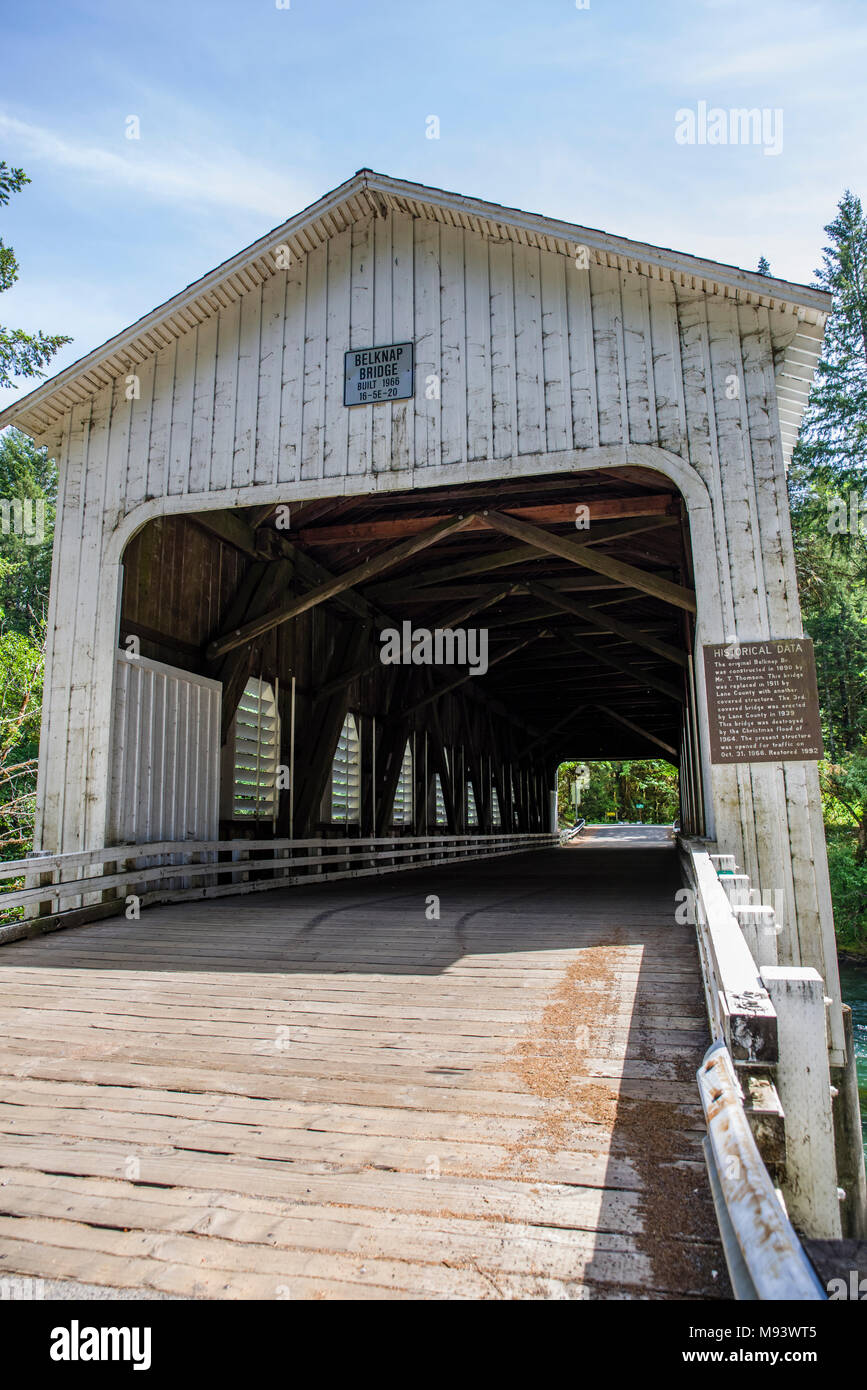 The Belknap Covered Bridge crosses the McKenzie RIver near Rainbow ...