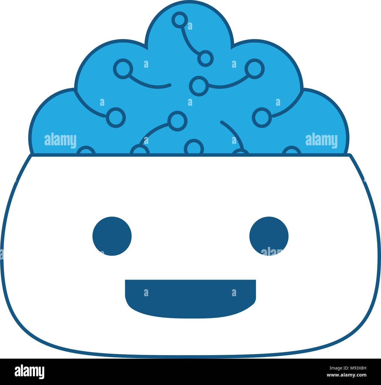 Cartoon robot showing the brain over white background, blue shading ...