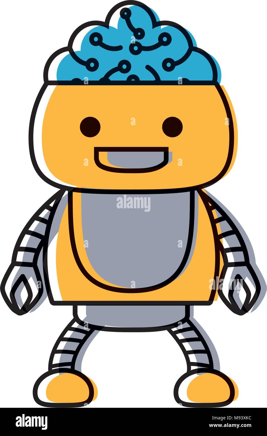 Cartoon robot showing the brain over white background, colorful design ...