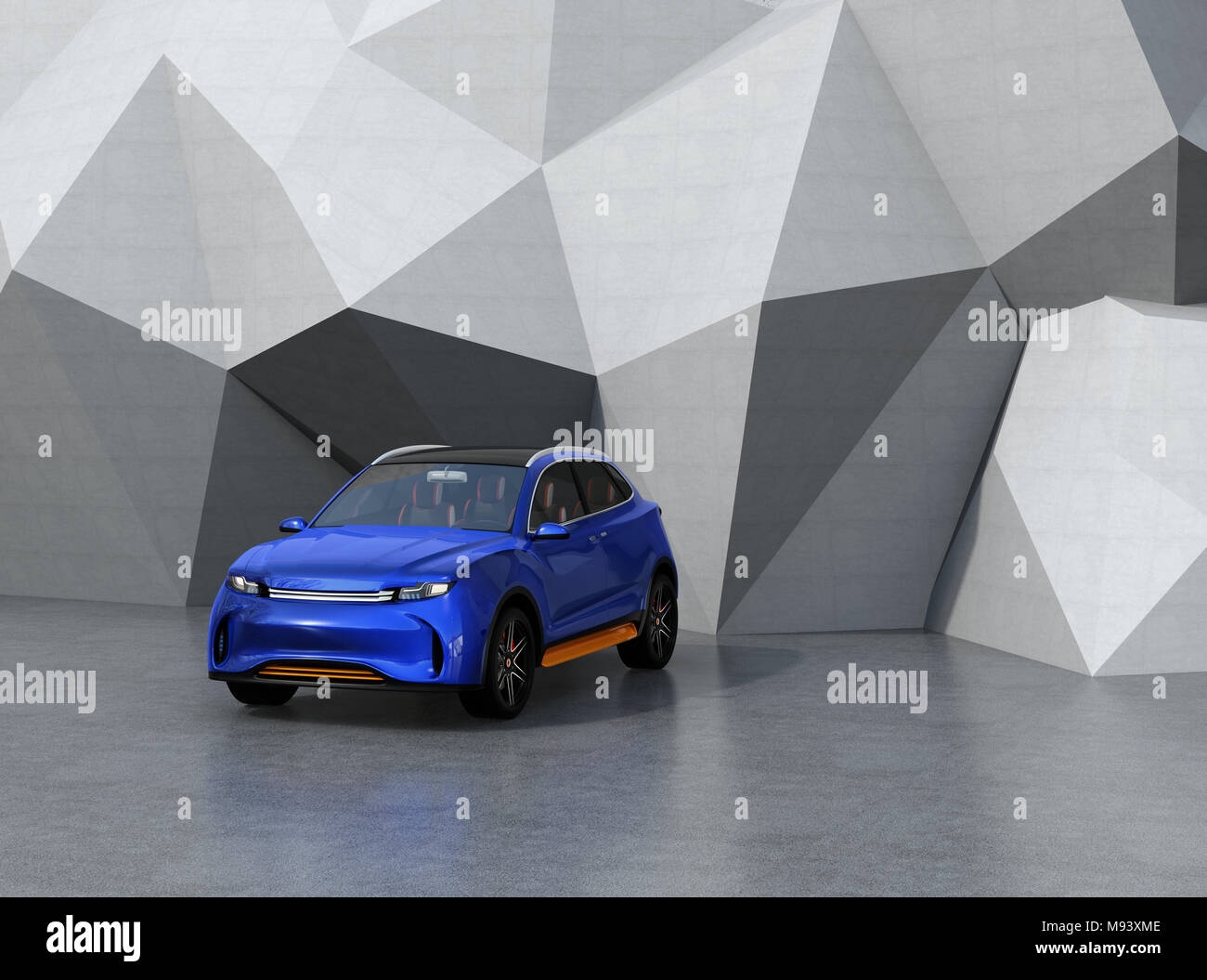 Metallic blue self-driving electric SUV on black geometric background ...